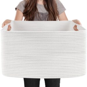 megasket extra large white storage basket, 23.6" x 15.7" x 14.1" rectangle blanket basket living room, woven cotton rope basket, toy basket bins, xxxl baskets for organizing, wicker laundry baskets