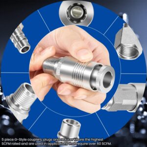 1/2" NPT G Style Air Coupler Plug and Air hose Fittings Reducer Bushing Kit S-224 For require more than 60 SCFM (5pcs)