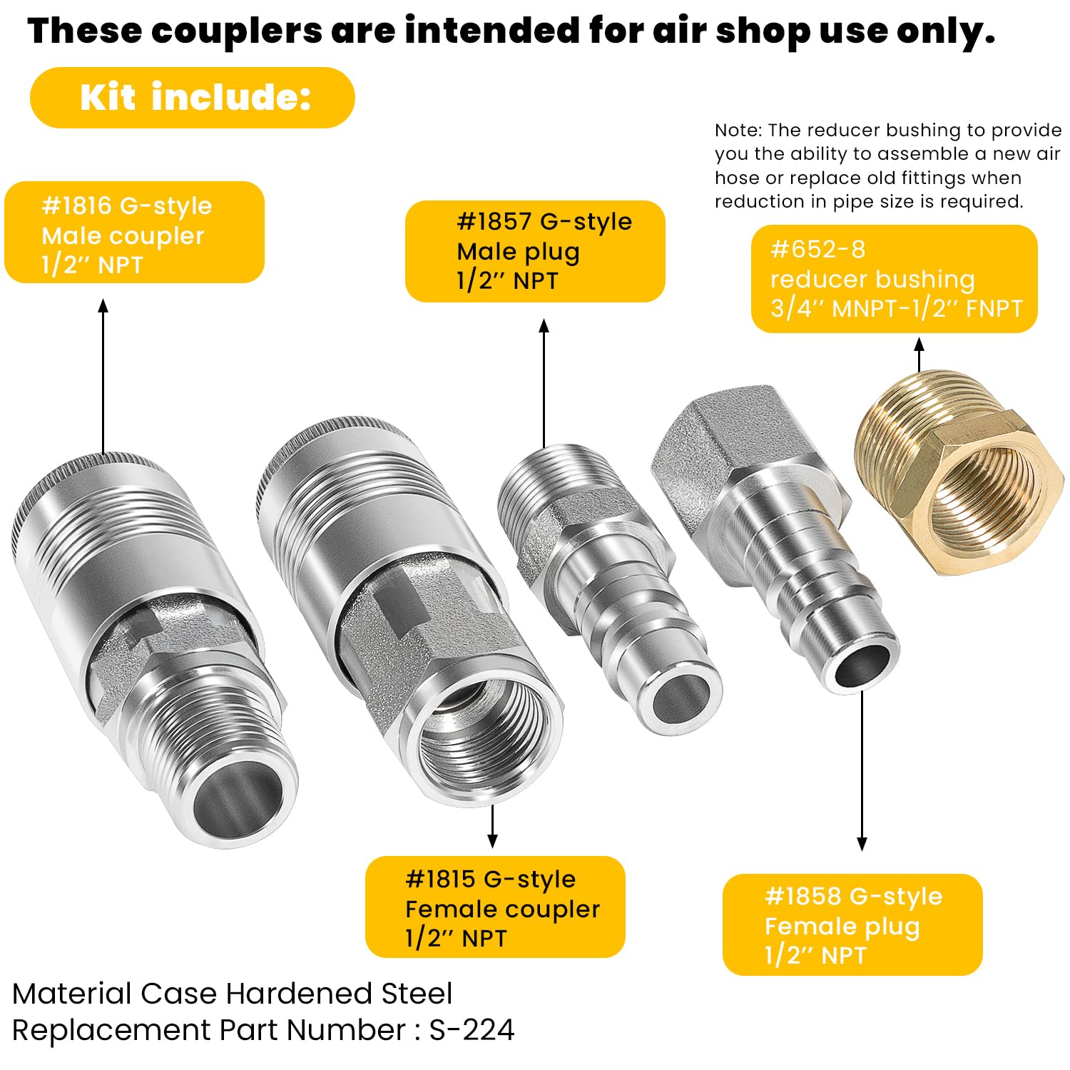 1/2" NPT G Style Air Coupler Plug and Air hose Fittings Reducer Bushing Kit S-224 For require more than 60 SCFM (5pcs)