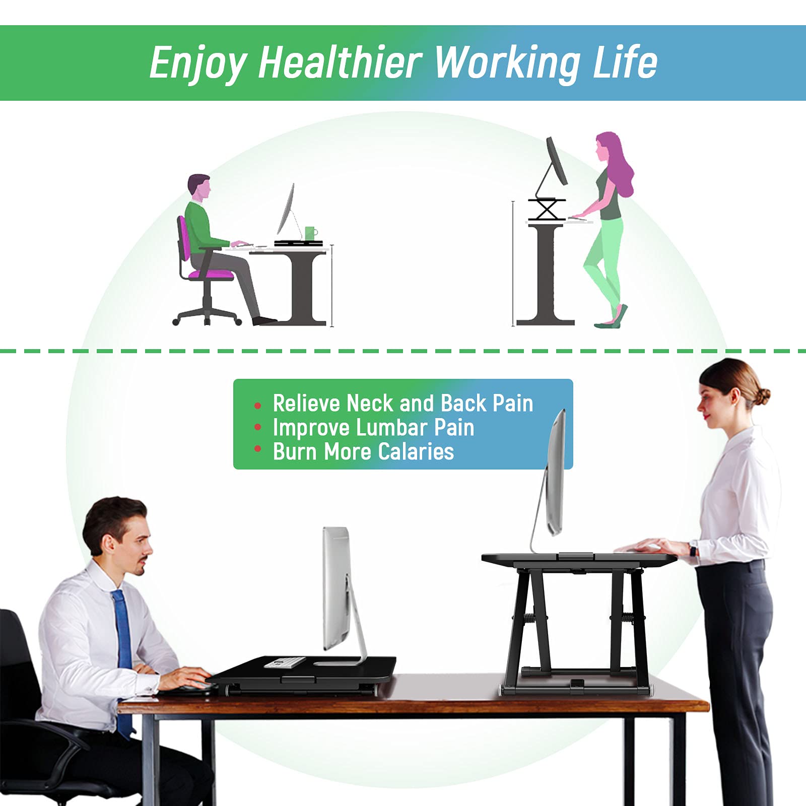 KIDINIX Standing Desk Converter 30" Ultra-Thin Height Adjustable Stand Up Desk Gas Spring Riser Sit to Stand in Seconds Computer Desk for Home and Office