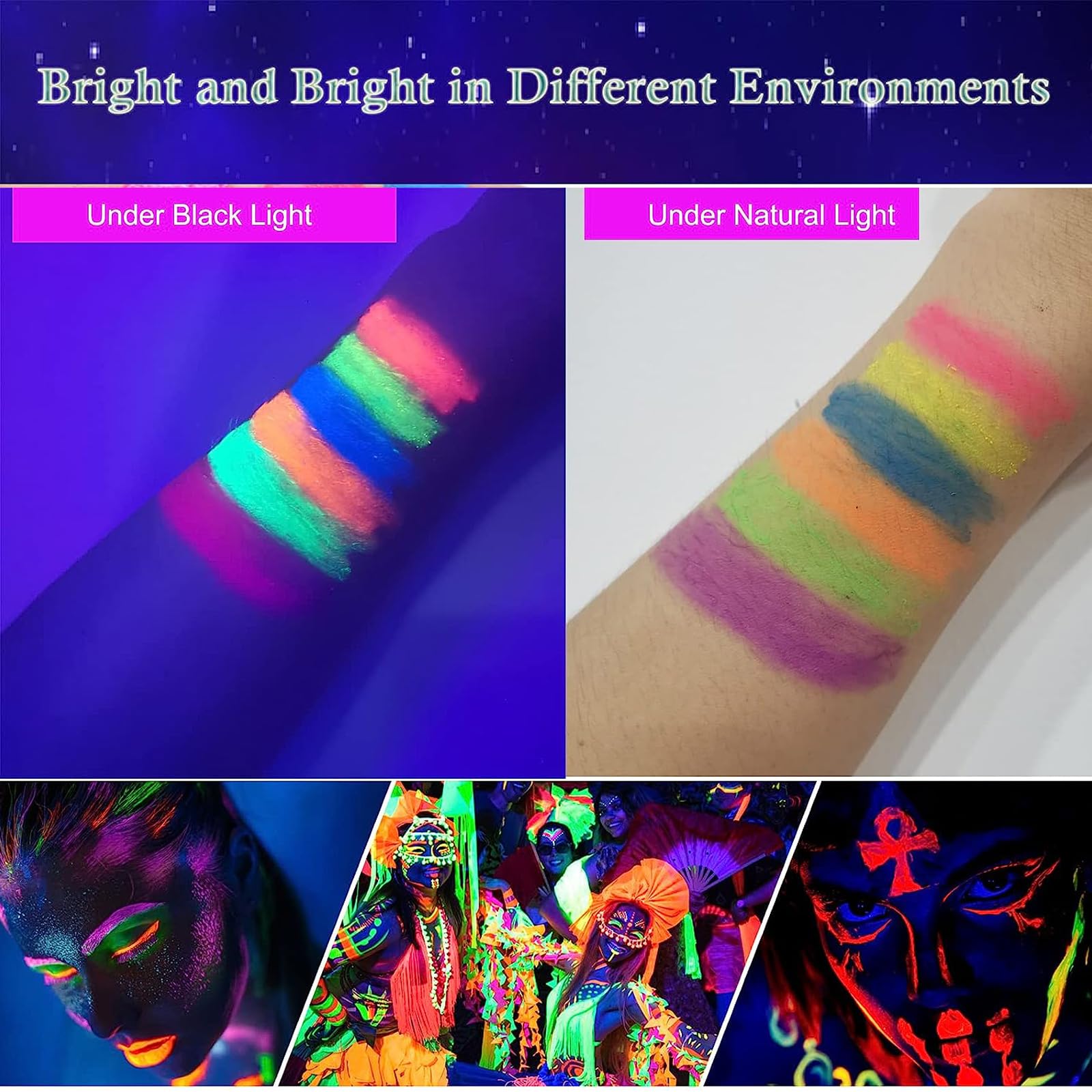 12 Pieces Glow Body Face Paint,Neon Glow In The Black Light Face Painting Kits Makeup for Kids Adult Halloween and Parties