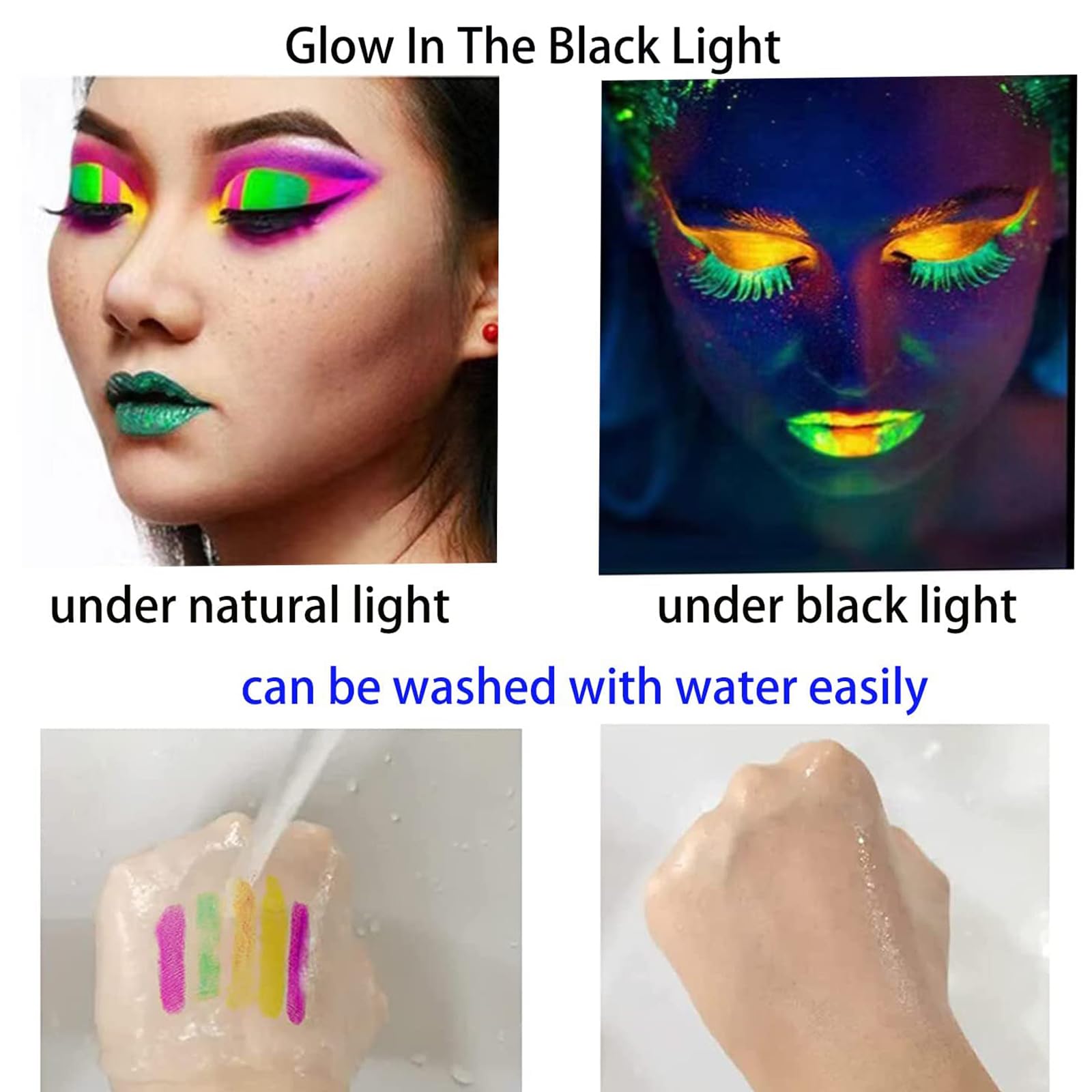 12 Pieces Glow Body Face Paint,Neon Glow In The Black Light Face Painting Kits Makeup for Kids Adult Halloween and Parties