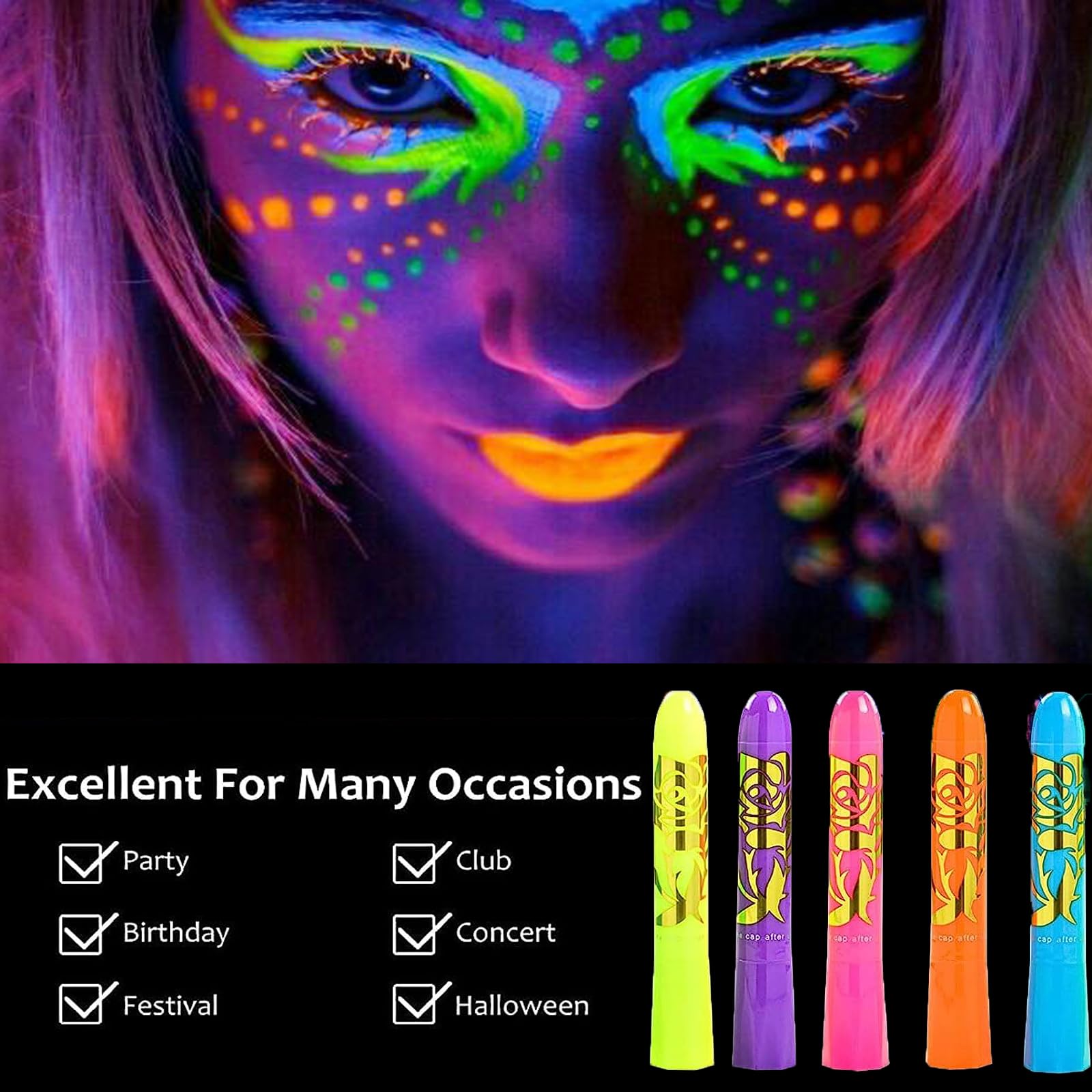 12 Pieces Glow Body Face Paint,Neon Glow In The Black Light Face Painting Kits Makeup for Kids Adult Halloween and Parties