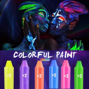 12 Pieces Glow Body Face Paint,Neon Glow In The Black Light Face Painting Kits Makeup for Kids Adult Halloween and Parties