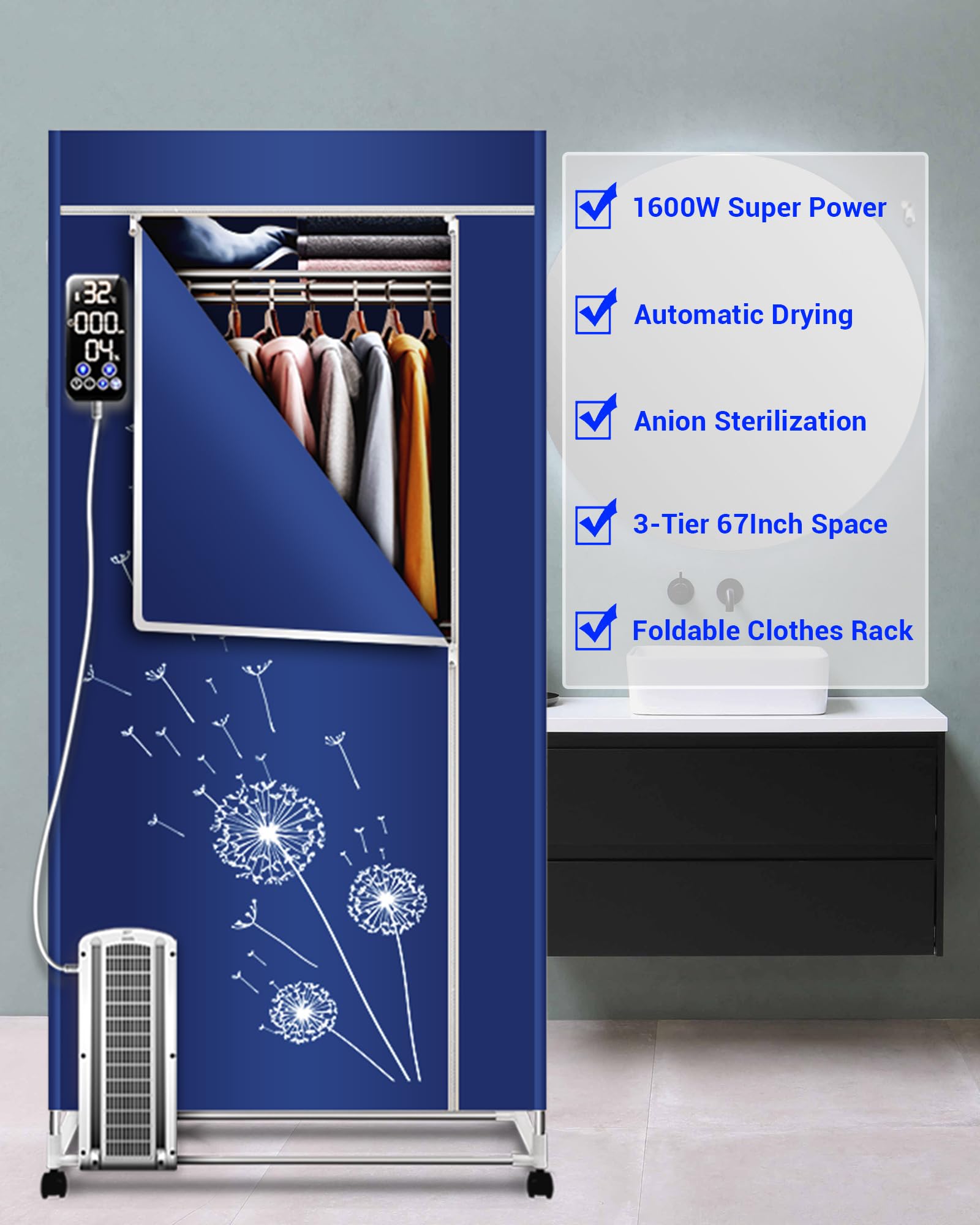 KASYDoFF Clothes Dryer, 35LB Capacity-67Inch Portable Dryer (Anion), 1600W-3 Tier Foldable Clothes Dryer Rack, Energy Saving Portable Dryer for Apartment, Indoor, Travel, RV