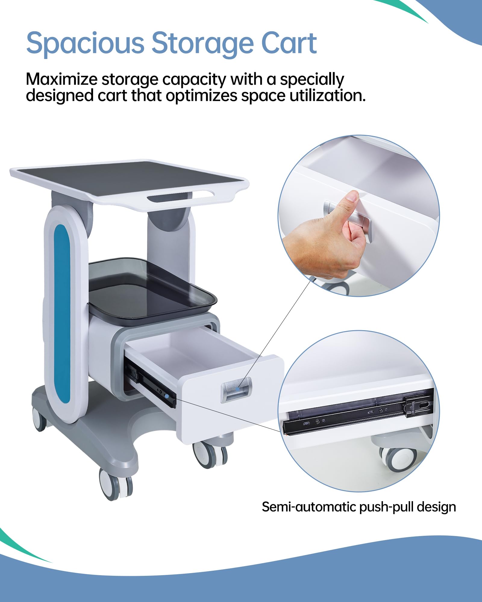 Professional Medical Trolley Cart with Wheels Mobile Ultrasound Cart Beauty Storage Utility Cart Rolling Cart with Drawer for Home Bedroom Salon Lab Hospital Dental Office Clinic