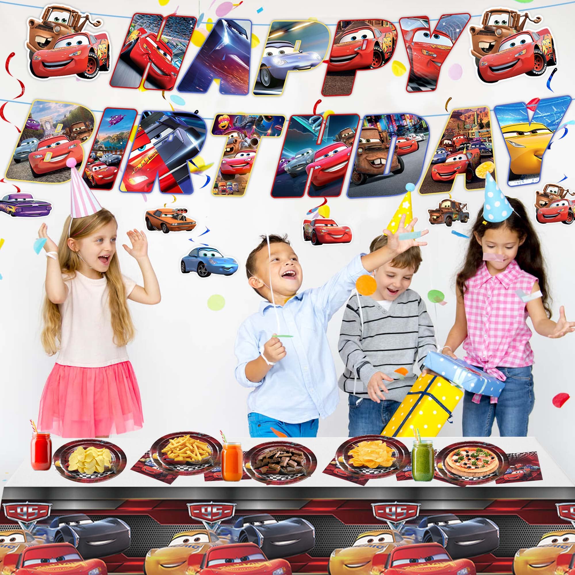 48pcs Cars Birthday Party Supplies Include Banner, Hanging Swirls, Plates, Napkin, Tablecloth for Cars Party Favors, Cars Party Decorations, Sever 10