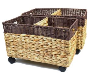 pemar set 2 (different sizes nesting in a set) natural wicker rolling storage baskets on wheels w insert handle, under table under desk storage bins, mobile file cabinet organiser. water hyacinth