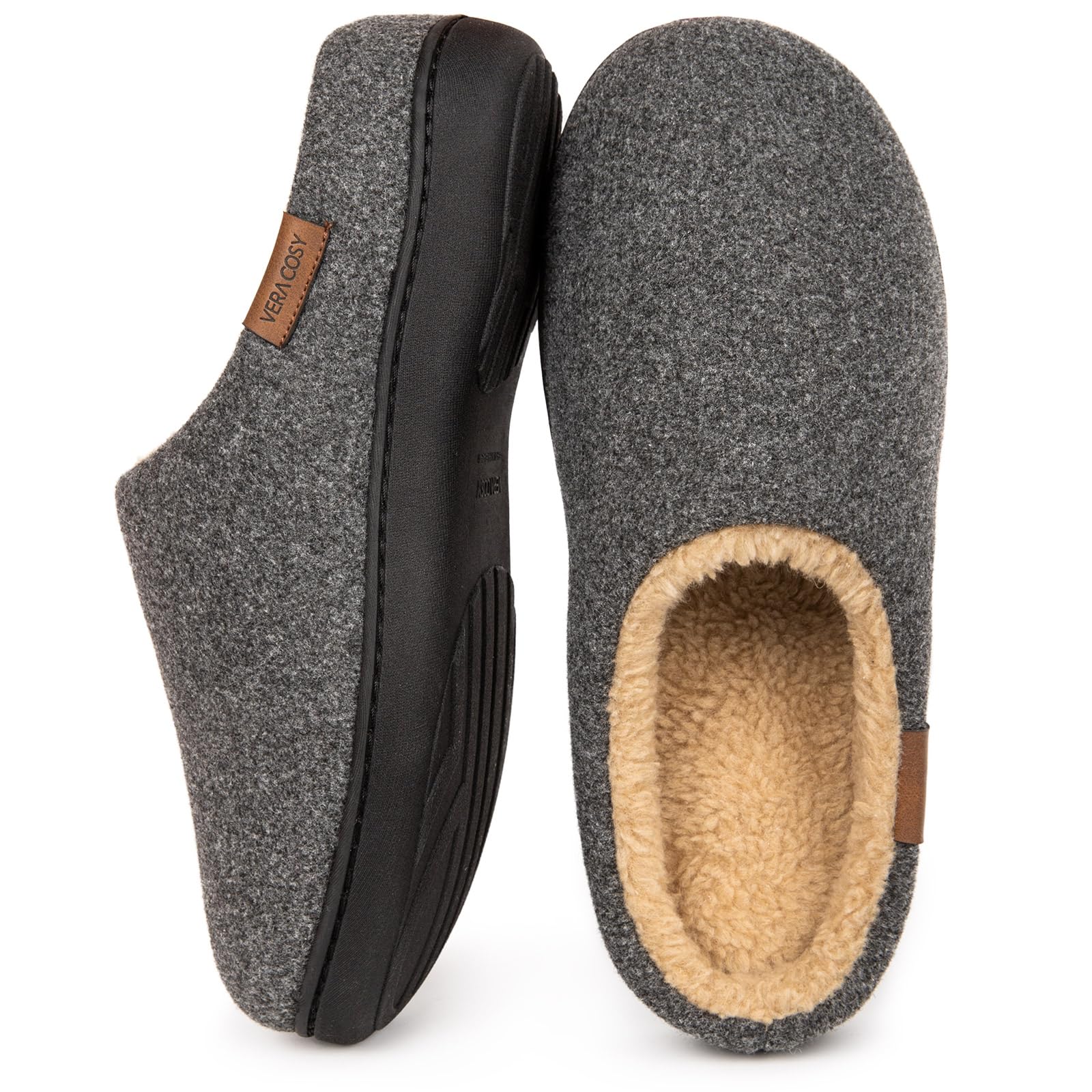 VeraCosy Men's Fuzzy Faux Sherpa Lined Memory Foam Slippers, Slip on Warm House Shoes for Indoor Outdoor Gray, 9-10 US