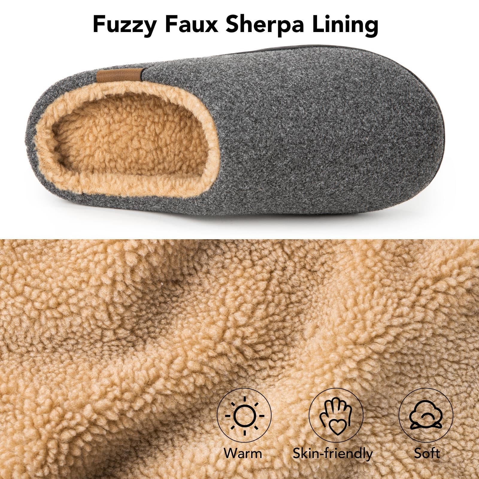 VeraCosy Men's Fuzzy Faux Sherpa Lined Memory Foam Slippers, Slip on Warm House Shoes for Indoor Outdoor Gray, 9-10 US