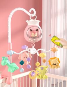 bsroluna baby crib mobile with music and lights, baby mobile for crib with remote control, hanging rotating animal rattles, 50 songs and timing function, cartoon baby crib toys for girls (baby pink)