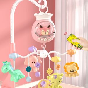 BSROLUNA Baby Crib Mobile with Music and Lights, Baby Mobile for Crib with Remote Control, Hanging Rotating Animal Rattles, 50 Songs and Timing Function, Cartoon Baby Crib Toys for Girls (Baby Pink)