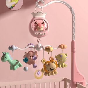 BSROLUNA Baby Crib Mobile with Music and Lights, Baby Mobile for Crib with Remote Control, Hanging Rotating Animal Rattles, 50 Songs and Timing Function, Cartoon Baby Crib Toys for Girls (Baby Pink)