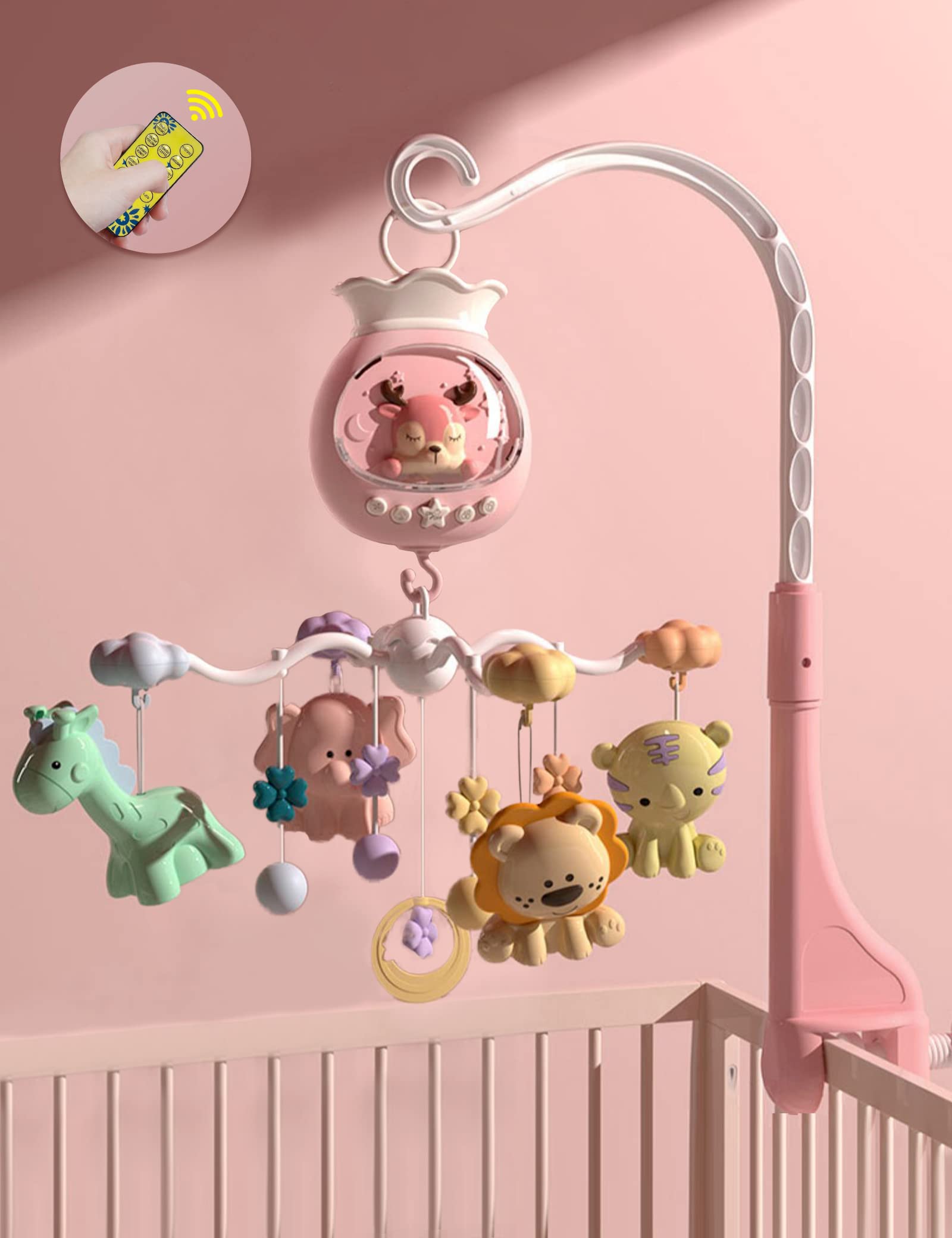 BSROLUNA Baby Crib Mobile with Music and Lights, Baby Mobile for Crib with Remote Control, Hanging Rotating Animal Rattles, 50 Songs and Timing Function, Cartoon Baby Crib Toys for Girls (Baby Pink)