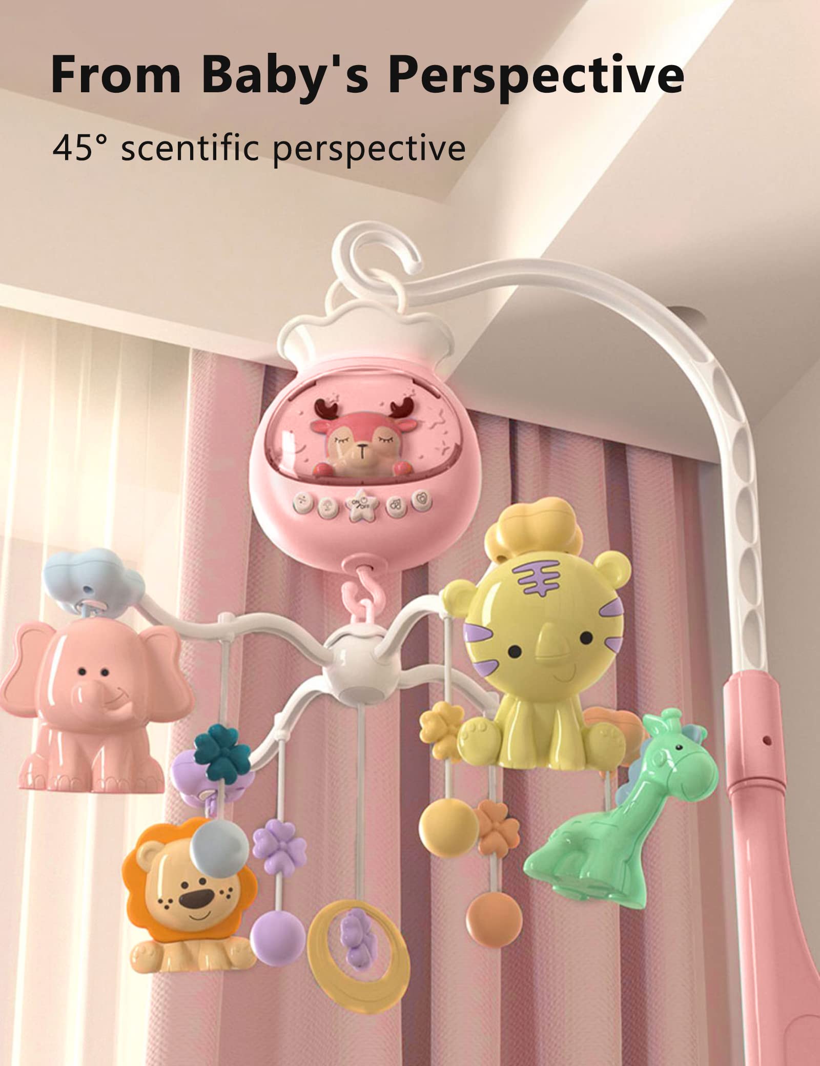 BSROLUNA Baby Crib Mobile with Music and Lights, Baby Mobile for Crib with Remote Control, Hanging Rotating Animal Rattles, 50 Songs and Timing Function, Cartoon Baby Crib Toys for Girls (Baby Pink)