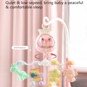 BSROLUNA Baby Crib Mobile with Music and Lights, Baby Mobile for Crib with Remote Control, Hanging Rotating Animal Rattles, 50 Songs and Timing Function, Cartoon Baby Crib Toys for Girls (Baby Pink)