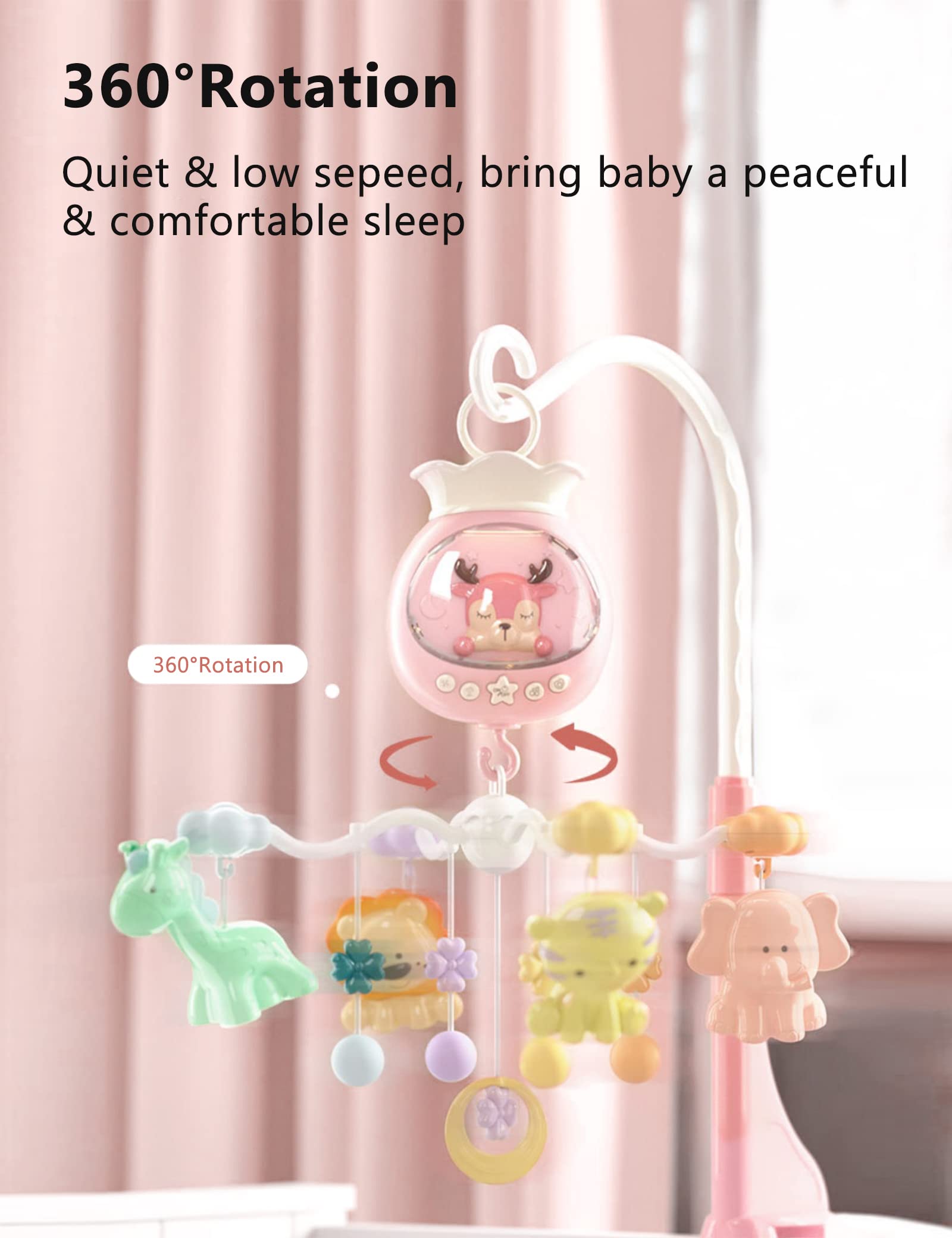 BSROLUNA Baby Crib Mobile with Music and Lights, Baby Mobile for Crib with Remote Control, Hanging Rotating Animal Rattles, 50 Songs and Timing Function, Cartoon Baby Crib Toys for Girls (Baby Pink)