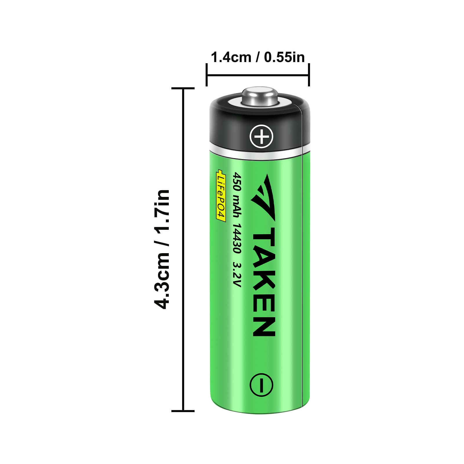 Taken 14430 3.2 Volt Rechargeable Solar Battery with Charger, 3.2V 450mAh 14430 LiFePO4 Rechargeable Battery for Solar Panel Outdoor Garden Lights, 12 Pack 14430 Battery with 4-Ports LiFePO4 Charger