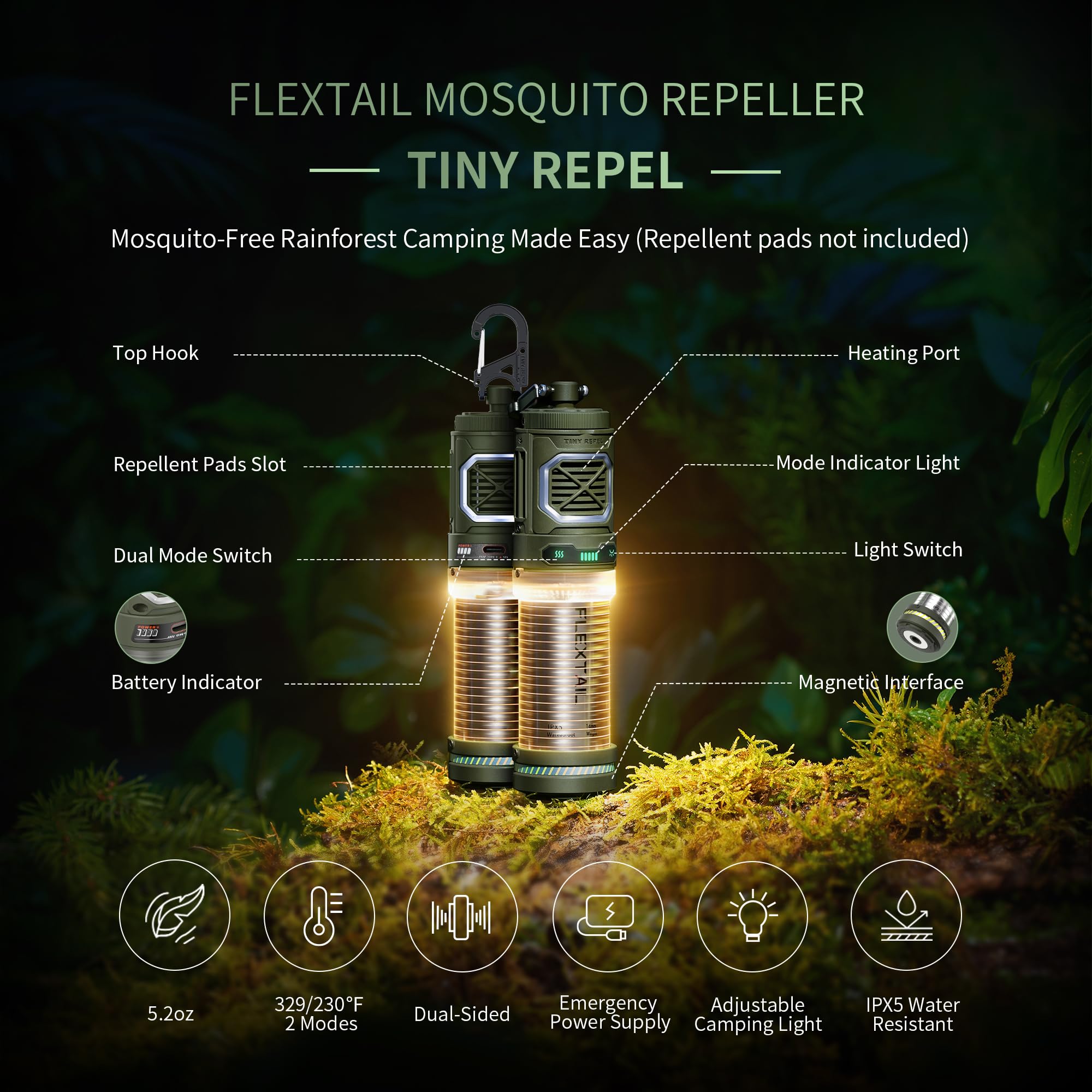 FLEXTAIL Rechargeable Tiny Mosquito Repeller 329°F Heating 30ft Protection Zone Ultra Mini with Camping Light Magnetic Design for Outdoor Camping Backpacking Patios(Repellent Pads Not Included)- Green