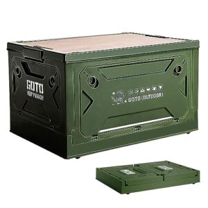 goto 50l folding storage box with wooden lid, stackable foldable storage bin with wooden cover, side opening folding storage containers for camping, car trunk, home sorting (army green)