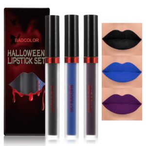 badcolor 3 colors matte liquid lipstick set, 24-hour smudge proof permanent dark lipstick waterproof velvet nonstick cup stain lip gloss set, halloween makeup lip gloss gift - purple, black, blue