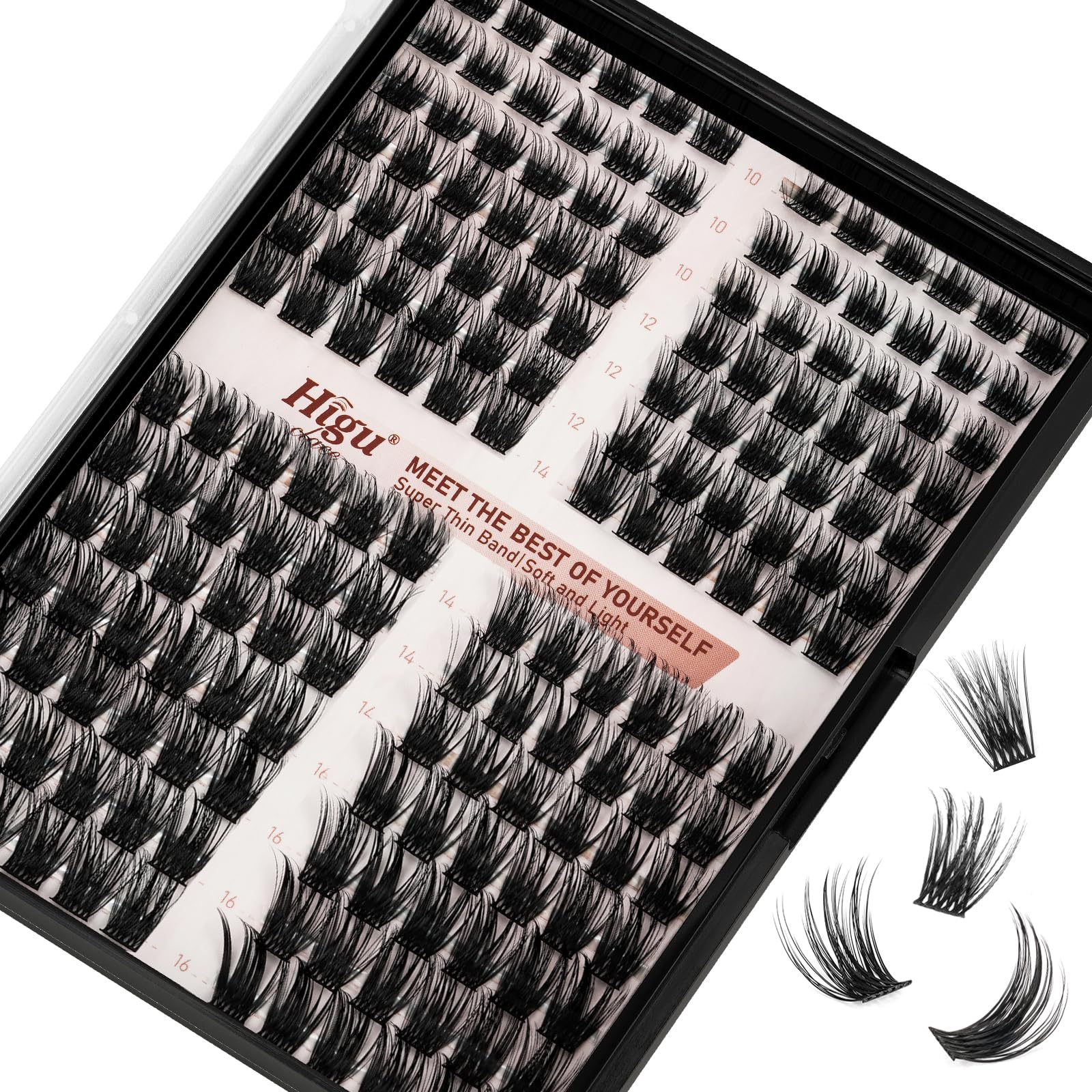 Higu clace Lash Clusters 168pcs, D curl Cluster Lahses 10-16mm Mixed, DIY Eyelash Extensions Super Thin Band & Soft, Wispy Eyelash Clusters Mega Volume Reusable Use at Home(BUSHY D 10-16mm)