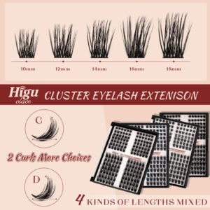 Higu clace Lash Clusters 168pcs, D curl Cluster Lahses 10-16mm Mixed, DIY Eyelash Extensions Super Thin Band & Soft, Wispy Eyelash Clusters Mega Volume Reusable Use at Home(BUSHY D 10-16mm)