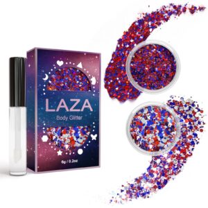 laza independence day body glitter, 2 jars red blue white chunky sequins with glue women eyeshadow 4th of july face paint festival rave outfit hair accessories party costumes – circus carnival