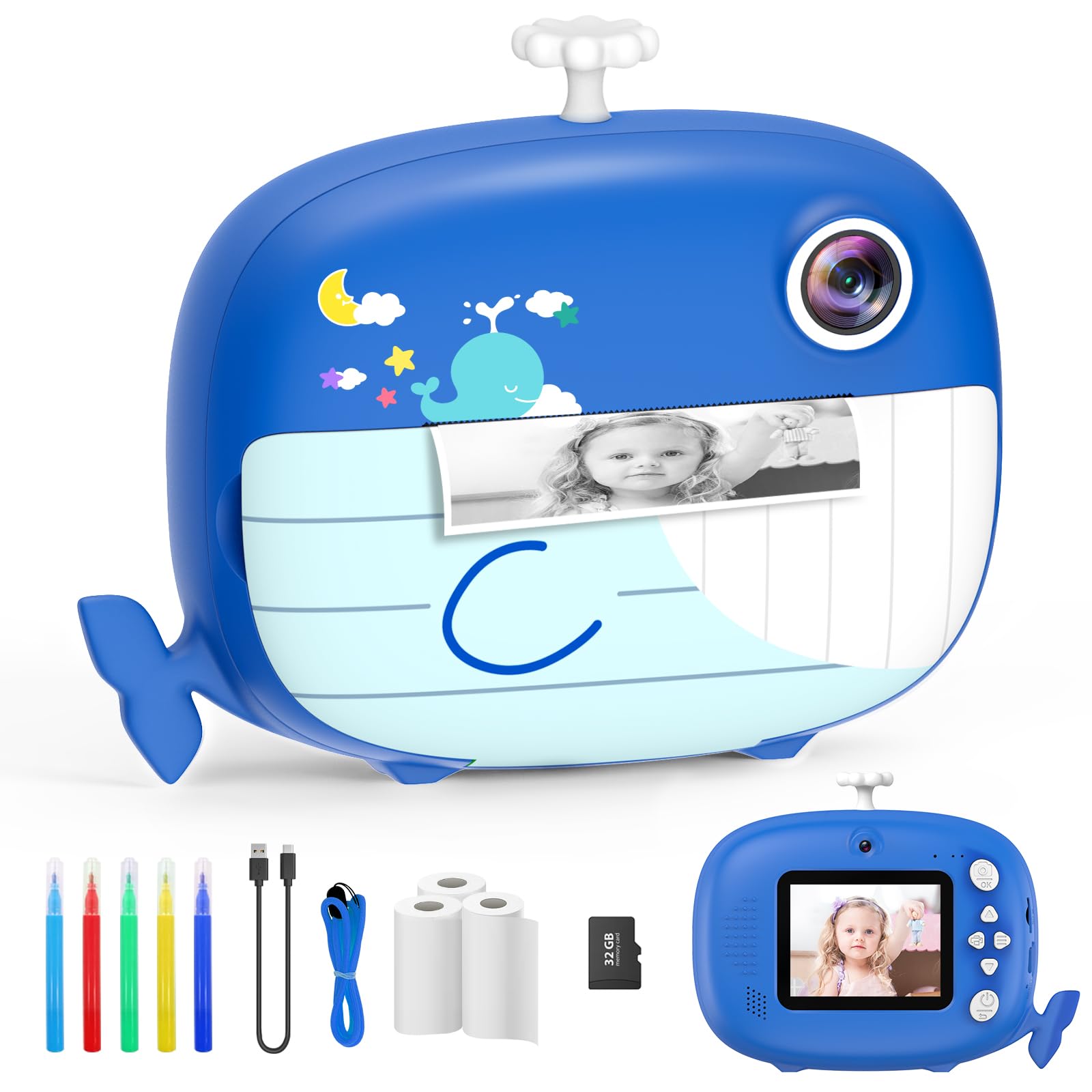 USHINING Kids Camera Instant Print Camera for Boys Girls Selfie Digital Camera for Kids Aged 3-12 Printing Video Camera for Kids 1080P 2.4 Inch Screen with 32GB SD Card,Color Pens,Print Papers(Blue)