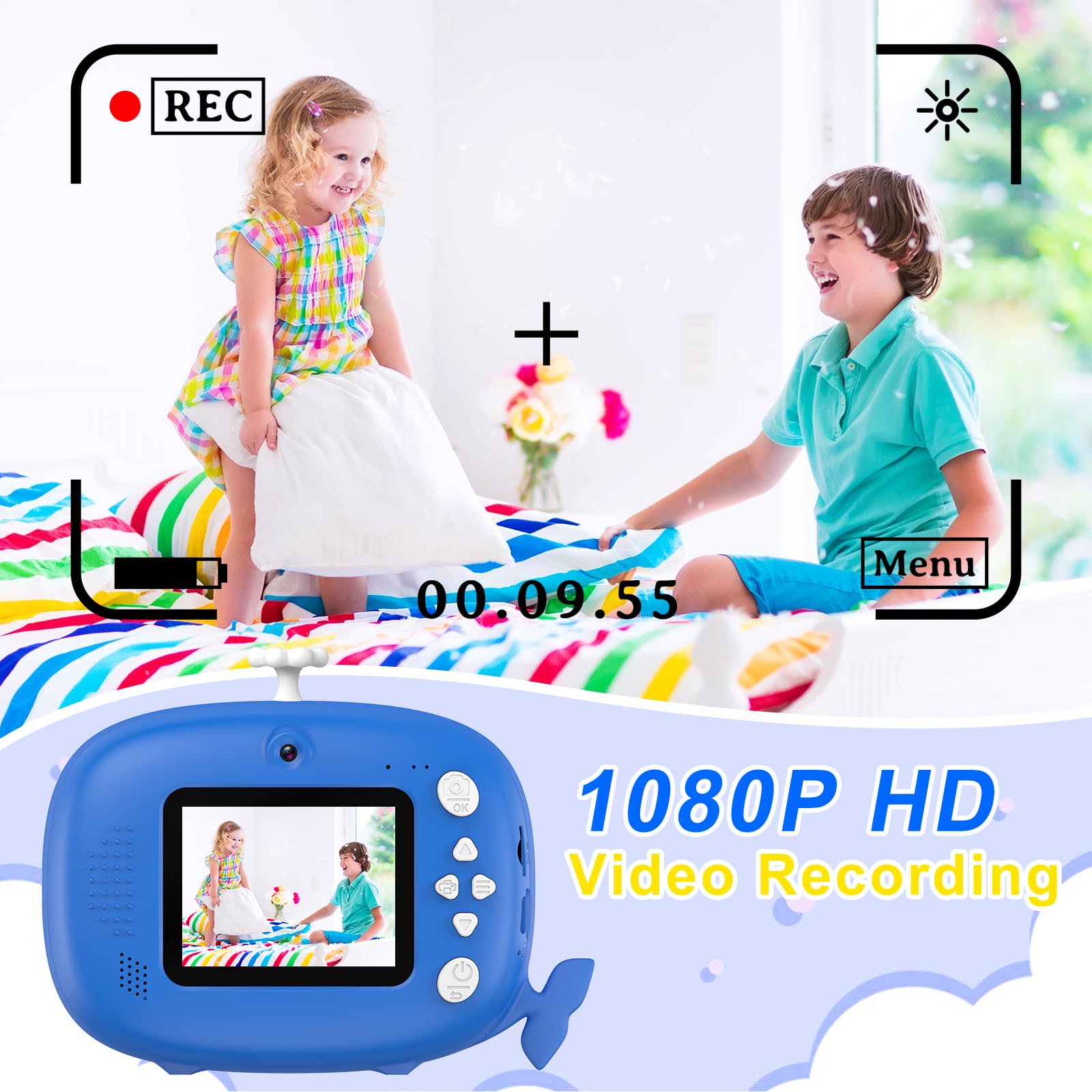 USHINING Kids Camera Instant Print Camera for Boys Girls Selfie Digital Camera for Kids Aged 3-12 Printing Video Camera for Kids 1080P 2.4 Inch Screen with 32GB SD Card,Color Pens,Print Papers(Blue)