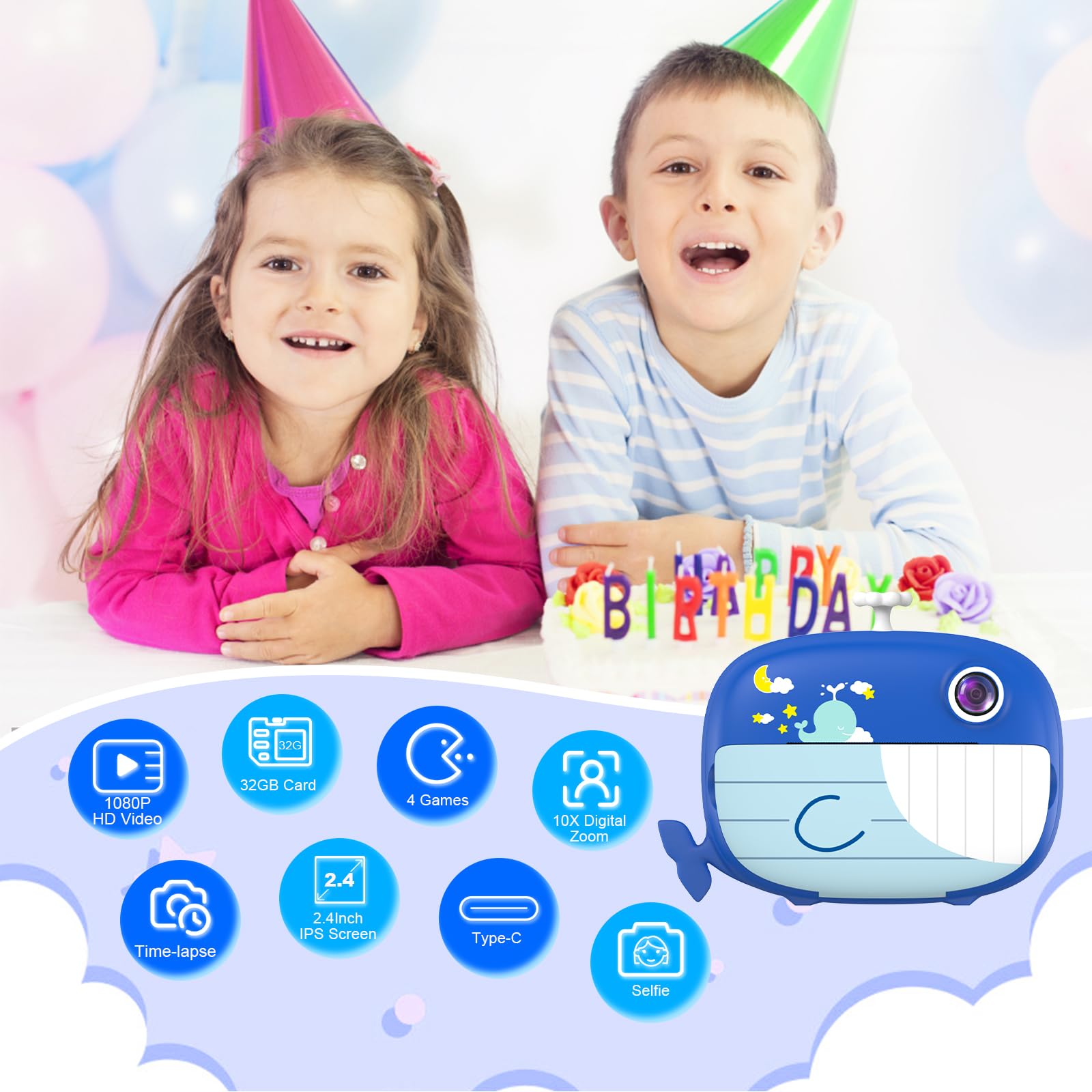 USHINING Kids Camera Instant Print Camera for Boys Girls Selfie Digital Camera for Kids Aged 3-12 Printing Video Camera for Kids 1080P 2.4 Inch Screen with 32GB SD Card,Color Pens,Print Papers(Blue)