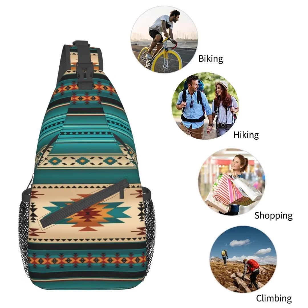 QISENTIS Aztec Ethnic Pattern Design Sling Bag Crossbody Backpack Indiana Western Southwest Native American Turquoise Stripe Travel Hiking Daypack Navajo Print Chest Shoulder Bag