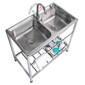 outdoor utility sink stainless steel double bowl sink free standing commercial restaurant kitchen sink with hot and cold faucet for laundry,garage,cafe bar 32.7" x 17.3" x30.3"