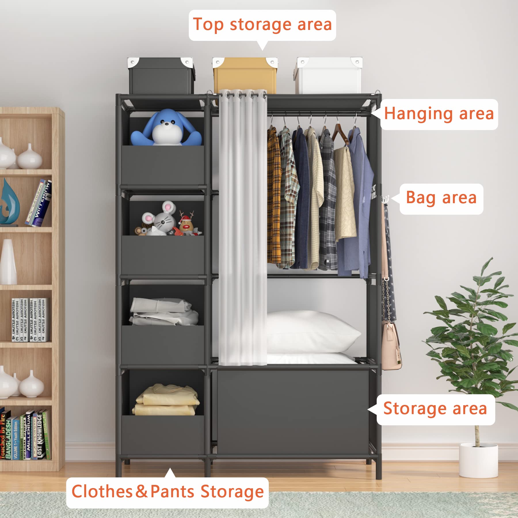 MOYIPIN Portable Wardrobe Storage Closet, Clothes Storage Cabinet with Curtain, for Living Room, Bedroom, Clothes Room, Black，40.55 x 16.73 x 65.35Inches