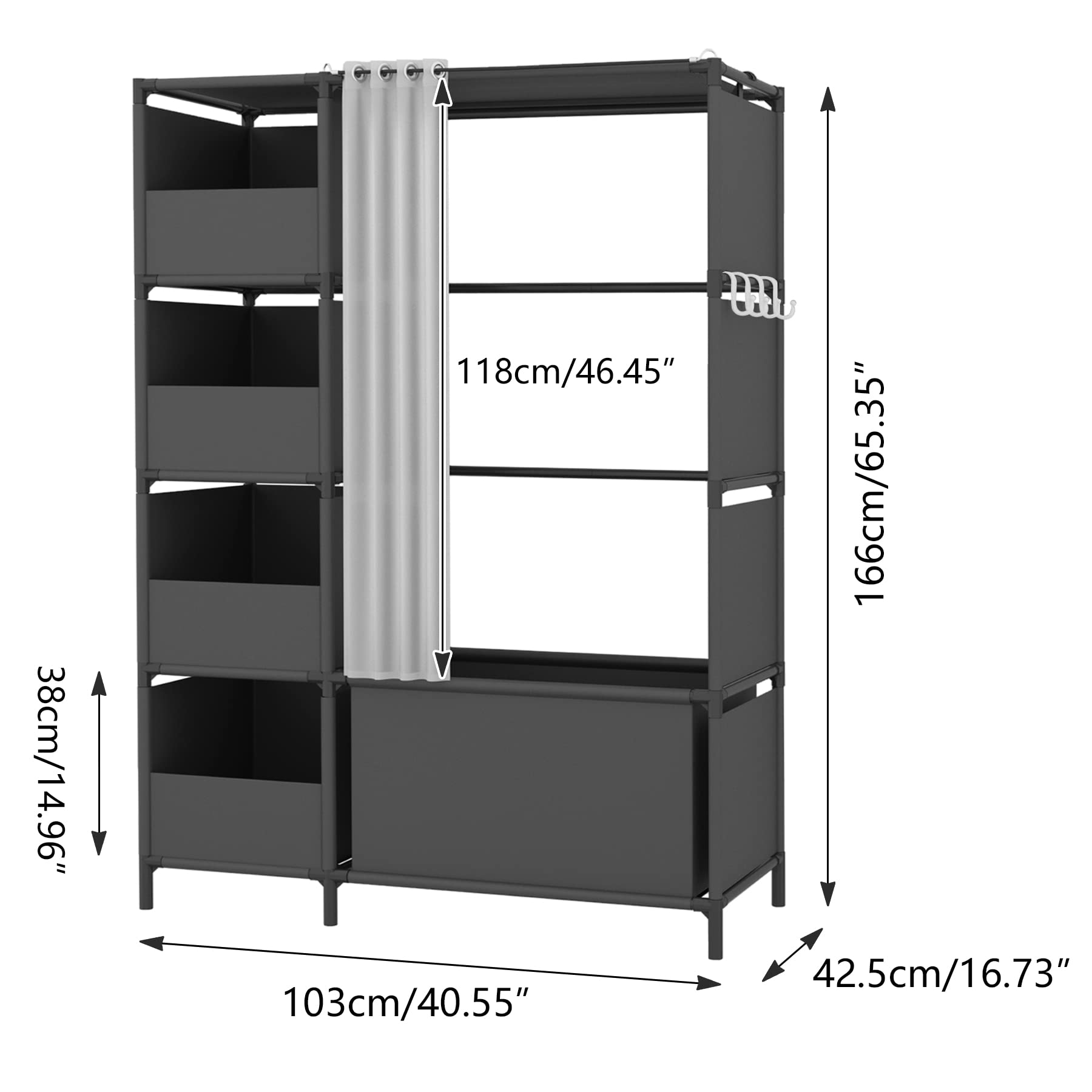 MOYIPIN Portable Wardrobe Storage Closet, Clothes Storage Cabinet with Curtain, for Living Room, Bedroom, Clothes Room, Black，40.55 x 16.73 x 65.35Inches