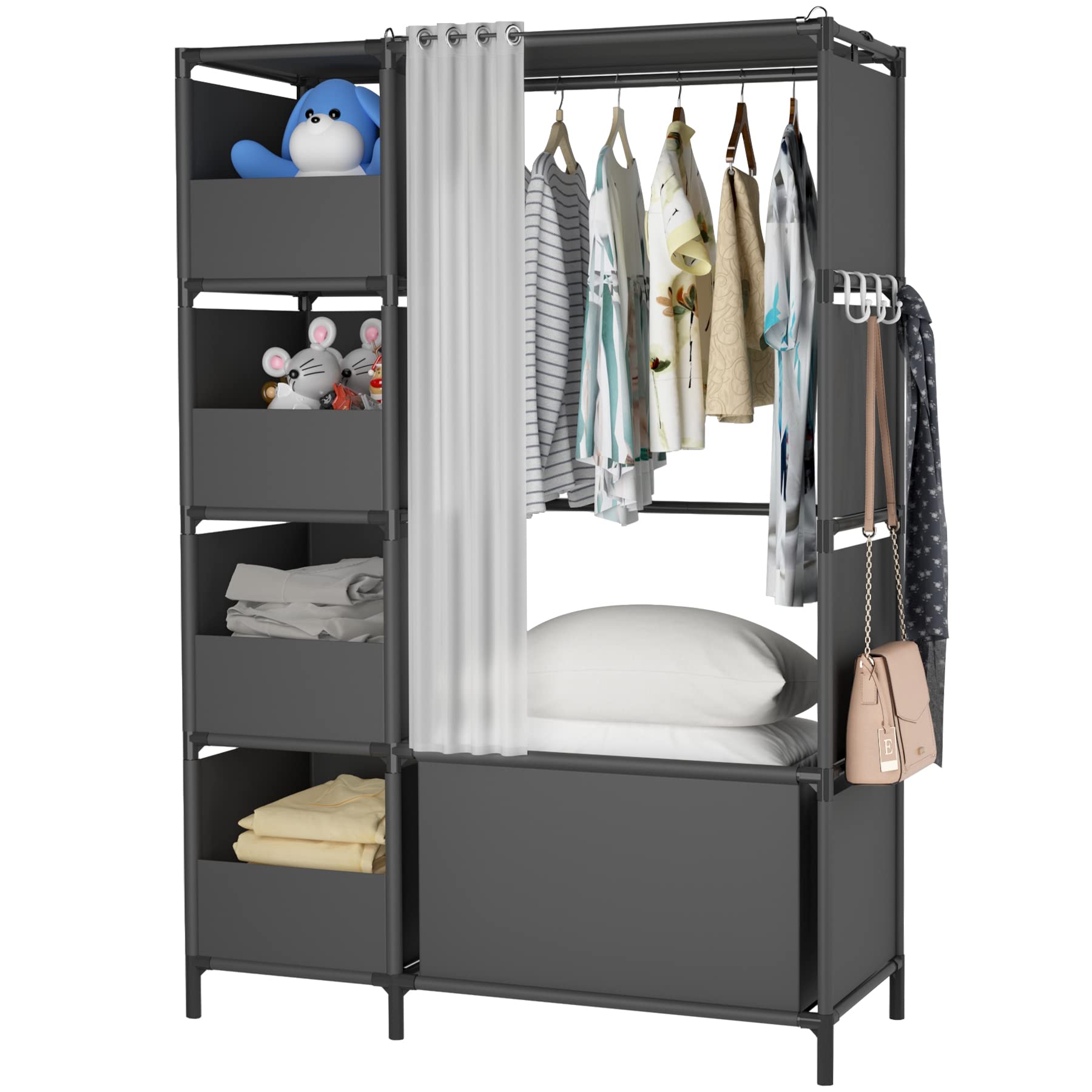 MOYIPIN Portable Wardrobe Storage Closet, Clothes Storage Cabinet with Curtain, for Living Room, Bedroom, Clothes Room, Black，40.55 x 16.73 x 65.35Inches