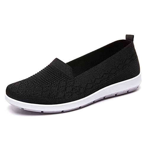 Women's Flat Breathable Fly Woven Mesh Sneakers,Casual Fashion Non-Slip Walking Shoes Comfortable Soft Sole Slip-on Loafers Tennis Shoes (Black-A,8)