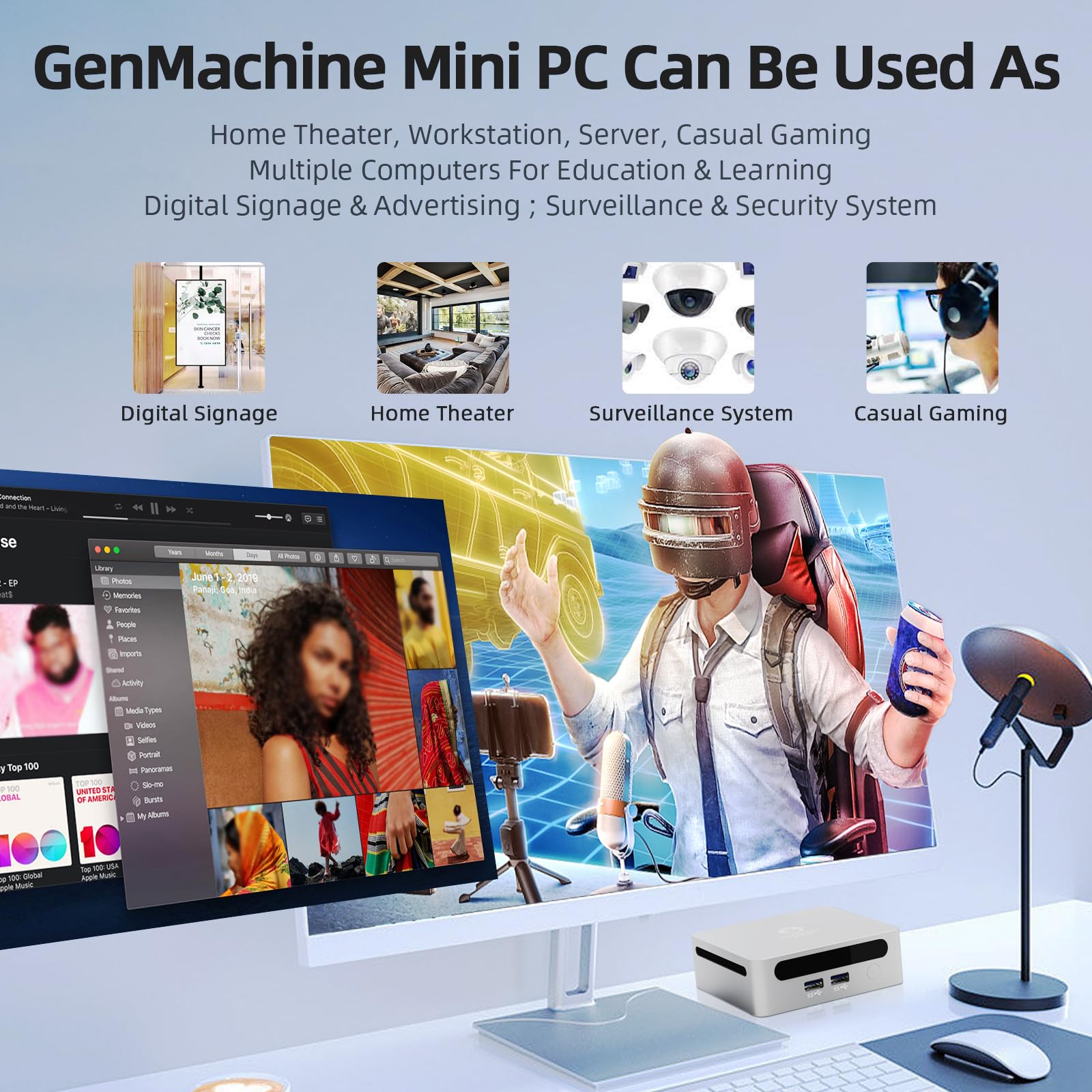 GenMachine Mini PC, Gaming Desktop Computer with AMD Ryzen 5 5500U, 6C/12T, 16G DDR4+512GB M.2 NVMe SSD, 1000Mbps, WiFi 6, BT 5.2, Dual HDMI, Type-C, Win11 Pro