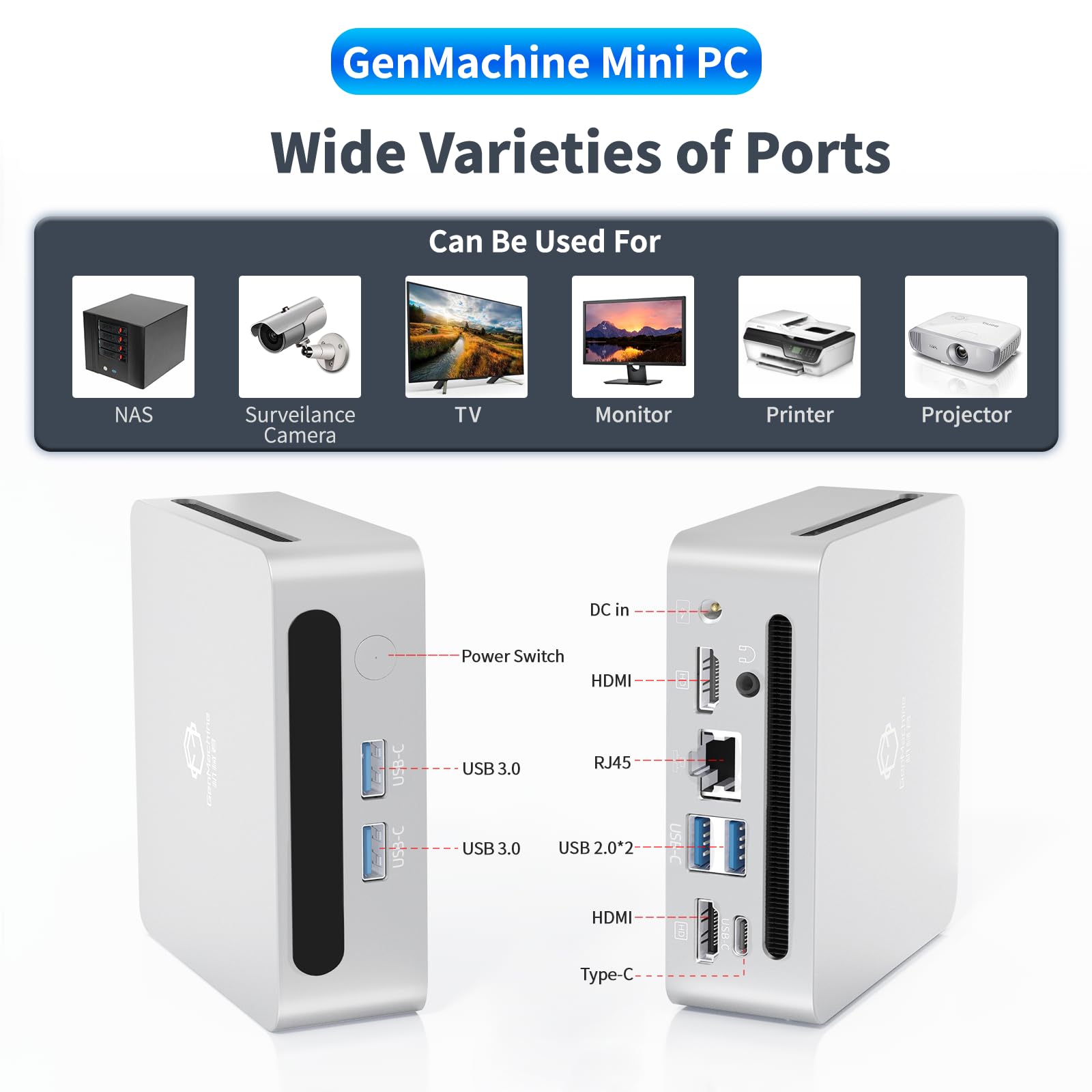 GenMachine Mini PC, Gaming Desktop Computer with AMD Ryzen 5 5500U, 6C/12T, 16G DDR4+512GB M.2 NVMe SSD, 1000Mbps, WiFi 6, BT 5.2, Dual HDMI, Type-C, Win11 Pro