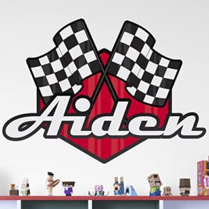 race flag name wall decal - personalized wall art for boys, baby, and kids - custom name wall decal with race car theme - checkered flag wall stickers - wall letters decor for bedroom