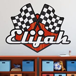 Race Flag Name Wall Decal - Personalized Wall Art for Boys, Baby, and Kids - Custom Name Wall Decal with Race Car Theme - Checkered Flag Wall Stickers - Wall Letters Decor for Bedroom