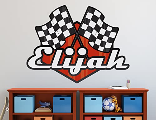 Race Flag Name Wall Decal - Personalized Wall Art for Boys, Baby, and Kids - Custom Name Wall Decal with Race Car Theme - Checkered Flag Wall Stickers - Wall Letters Decor for Bedroom