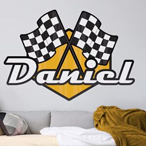 Race Flag Name Wall Decal - Personalized Wall Art for Boys, Baby, and Kids - Custom Name Wall Decal with Race Car Theme - Checkered Flag Wall Stickers - Wall Letters Decor for Bedroom