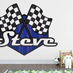 Race Flag Name Wall Decal - Personalized Wall Art for Boys, Baby, and Kids - Custom Name Wall Decal with Race Car Theme - Checkered Flag Wall Stickers - Wall Letters Decor for Bedroom