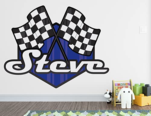 Race Flag Name Wall Decal - Personalized Wall Art for Boys, Baby, and Kids - Custom Name Wall Decal with Race Car Theme - Checkered Flag Wall Stickers - Wall Letters Decor for Bedroom