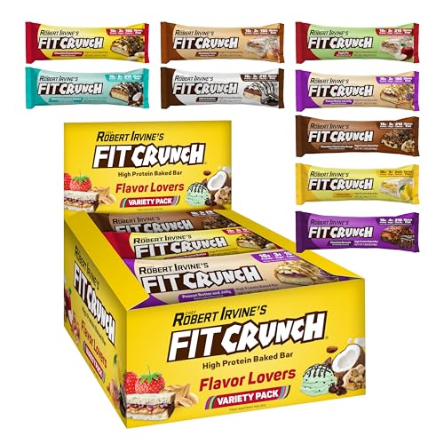 FITCRUNCH Snack Size Protein Bars, Designed by Robert Irvine, 6-Layer Baked Bar, 3g of Sugar, Gluten Free & Soft Cake Core (9 Count, Flavor Lovers)