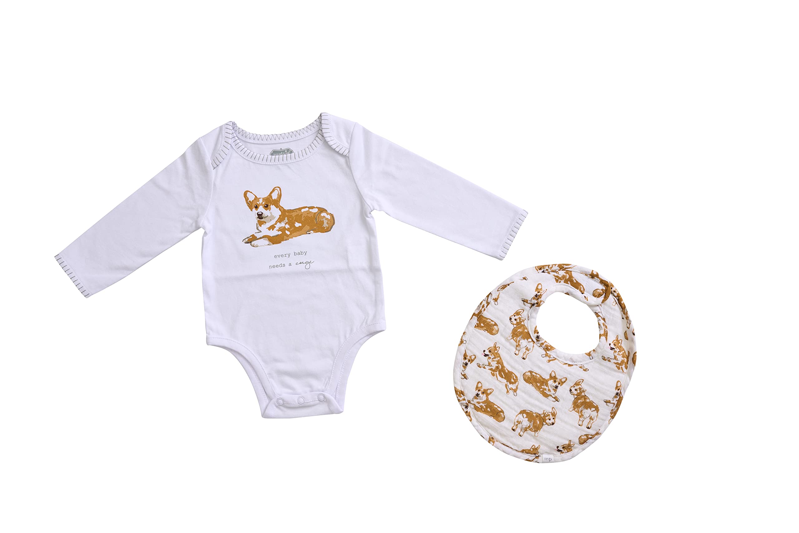 MUD PIE Baby Dog Breed Bodysuit and Bib Set, Corgi, 0-6 Months