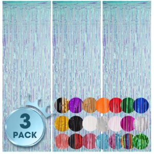 voircoloria 3 pack 3.3x8.2 feet neon iridescent foil fringe backdrop curtains, tinsel streamers birthday party decorations, fringe backdrop for graduation, baby shower, gender reveal, disco party