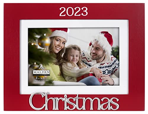 Malden International Designs 4x6 or 5x7 2023 Matted Christmas Picture Frame Silver Finish Christmas Word Attachment Red Wood MDF Frame White Beveled Mat, Black