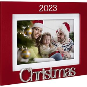 Malden International Designs 4x6 or 5x7 2023 Matted Christmas Picture Frame Silver Finish Christmas Word Attachment Red Wood MDF Frame White Beveled Mat, Black